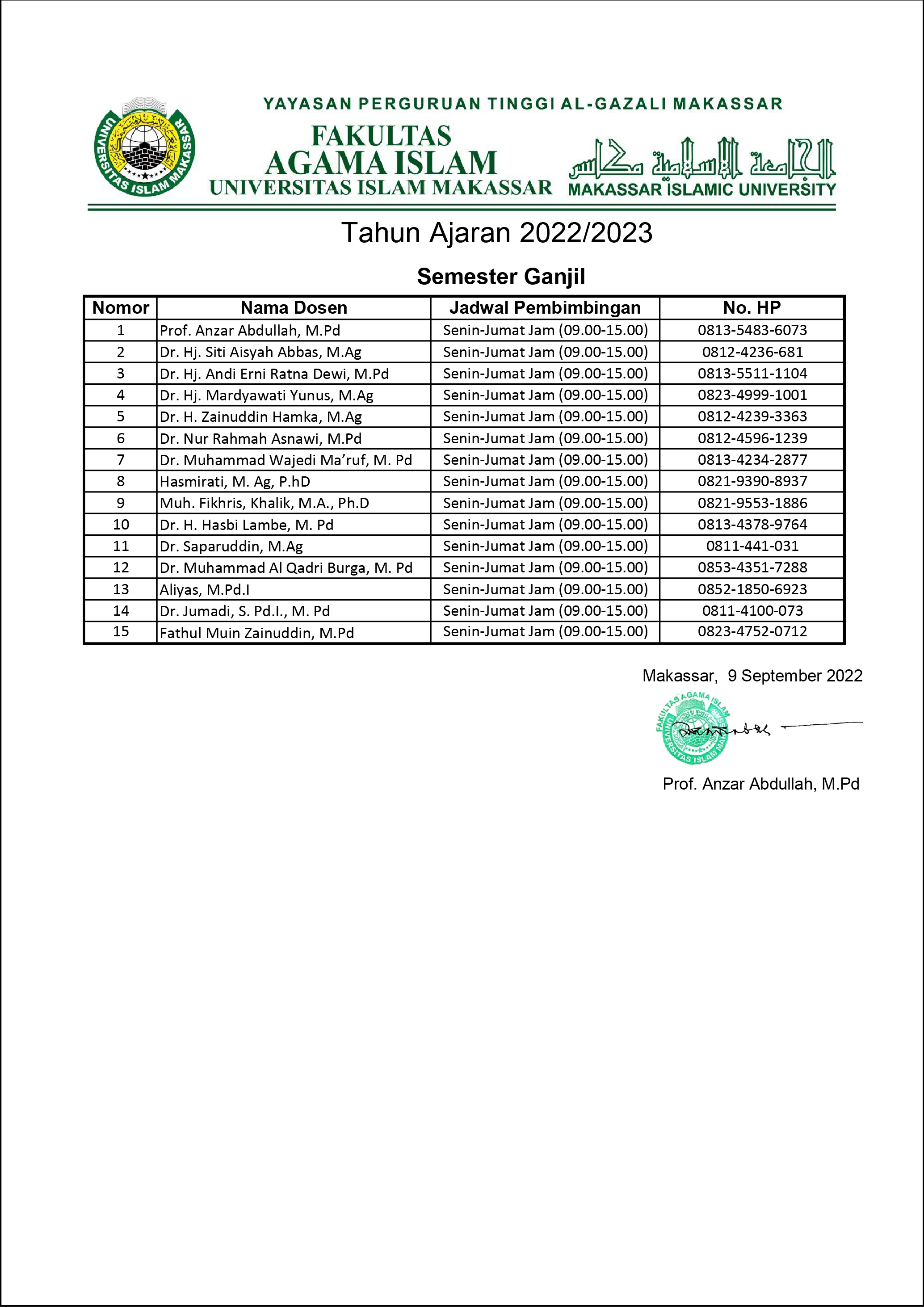 Daftar Dosen dan Kontak untuk Pembimbingan Skripsi ganjil 2022-2023 - UNIVERSITAS ISLAM MAKASSAR ...
